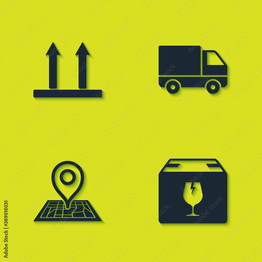 Set This side up, Delivery box with fragile content, Placeholder map and cargo truck vehicle ...