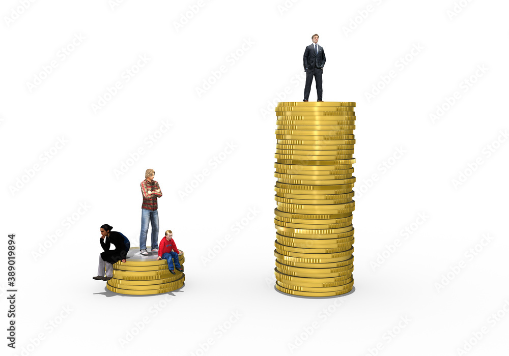 Arm und Reich, Münzen gestapelt mit armer Familie und reichen Mann ...