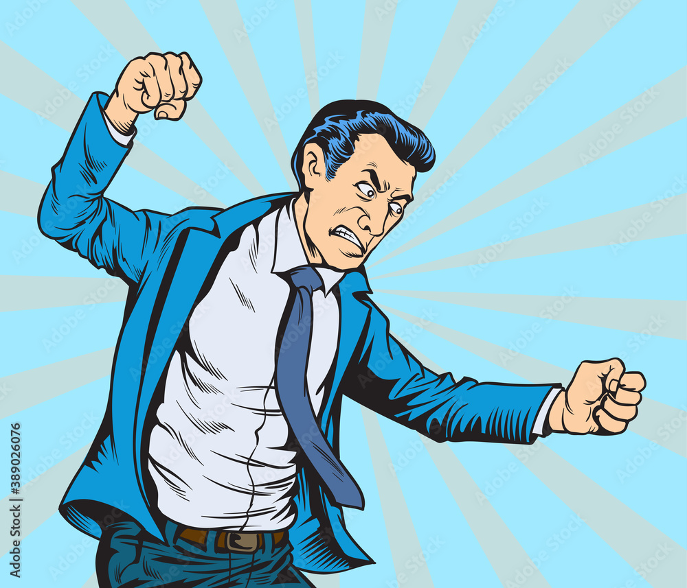 The man gets angry, raises his fist. hand drawn style vector design ...