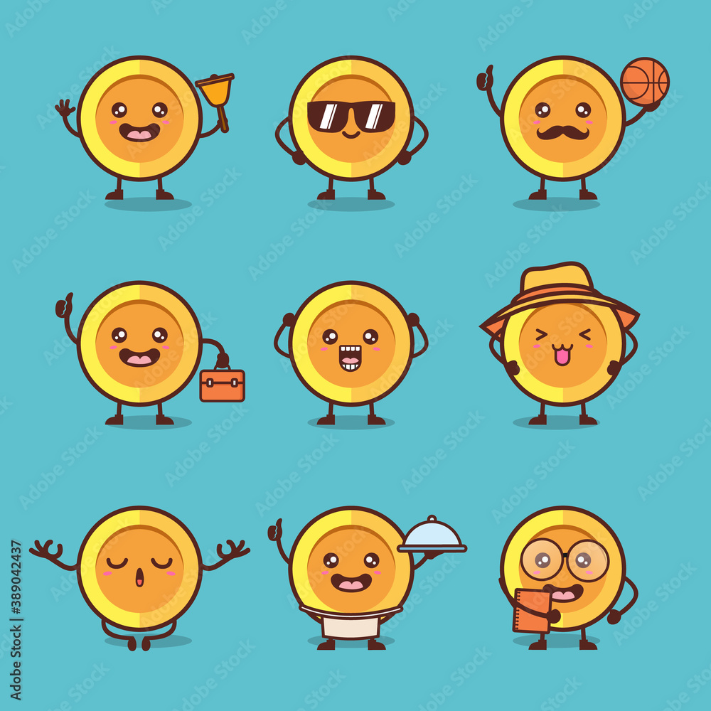 Set of coin characters in the different situations. Vector cartoon ...