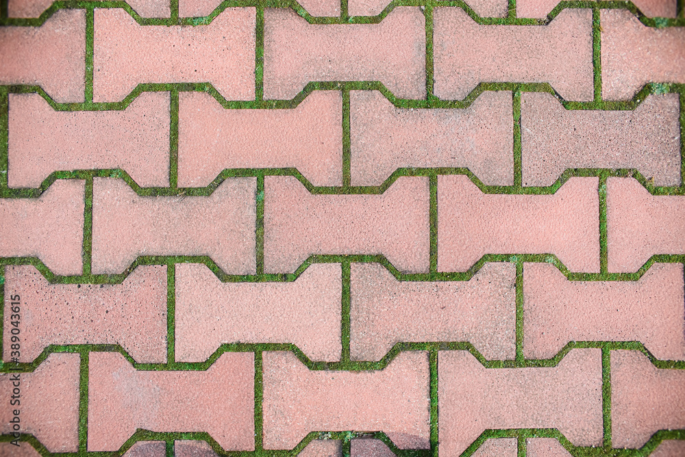Texture of paving stones with moss, top view. Faded red paving stone ...