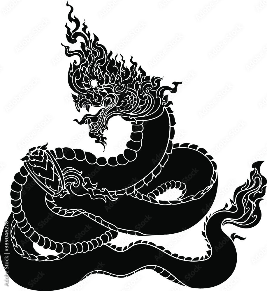 Traditional Line Thai style. Naka Thai Dragon vector and illustration ...