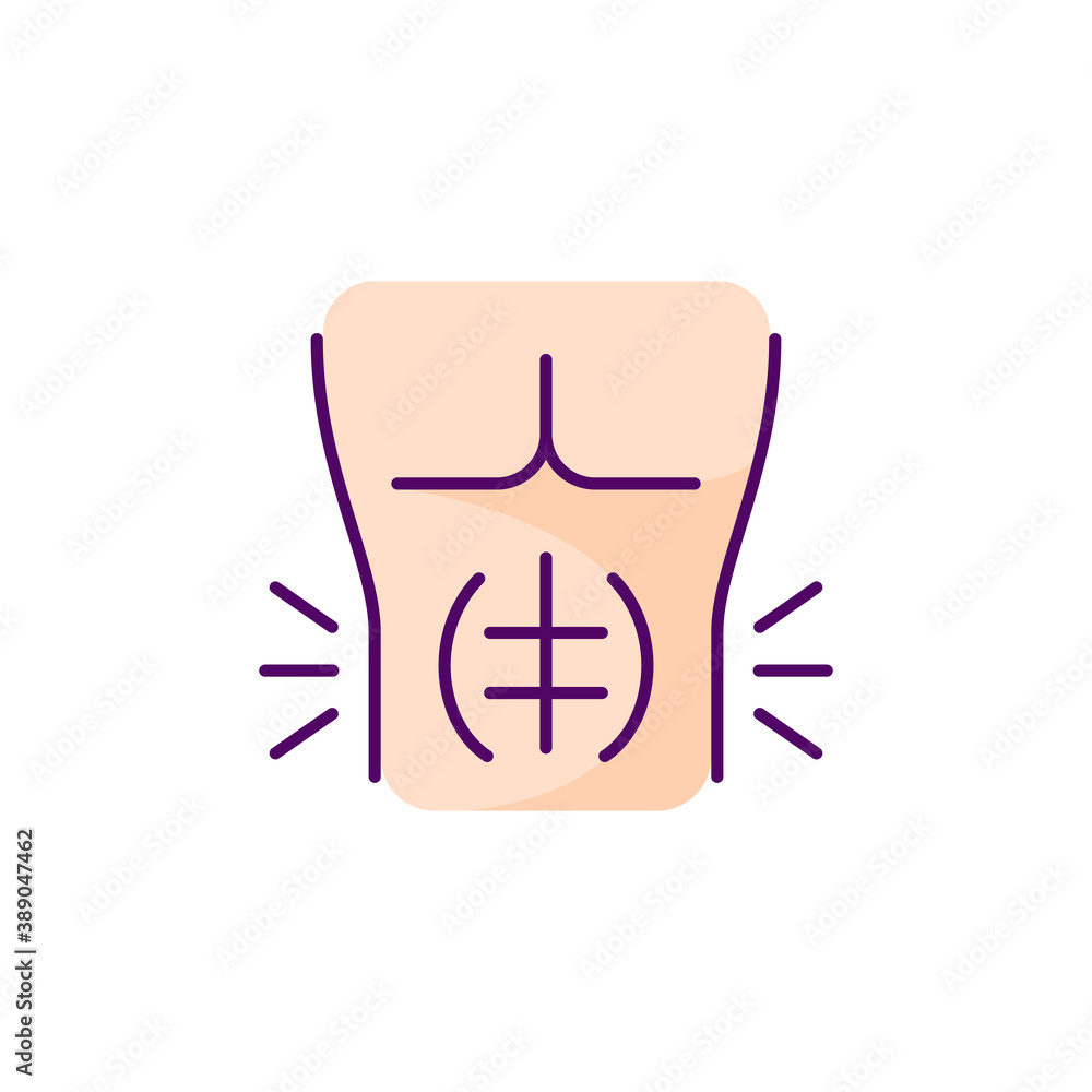 Abdominal muscle strain RGB color icon. Full rupture. Mild stretch ...