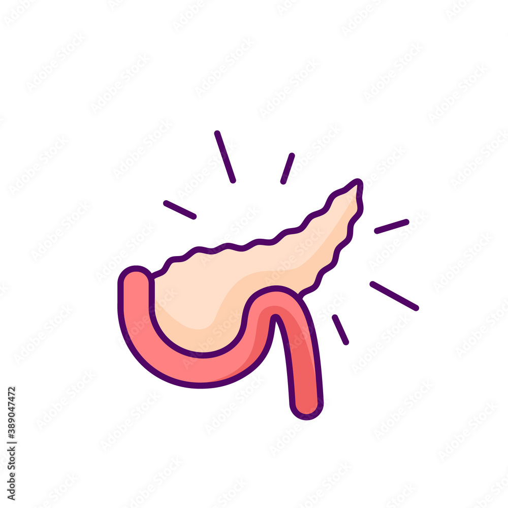 Pancreatitis RGB color icon. Stomach disease. Pathologic pancreas ...