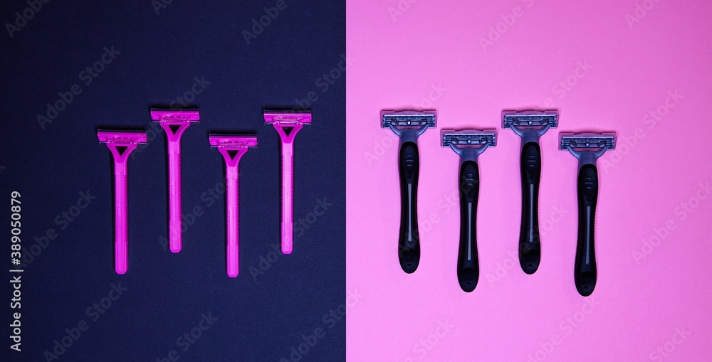 flat lay of Pink And Black Razors For Specific Genders. Social Theme Of ...