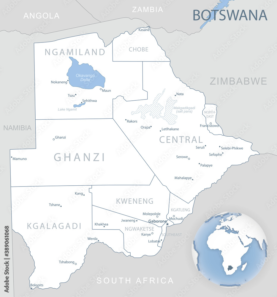 Blue-gray detailed map of Botswana administrative divisions and ...