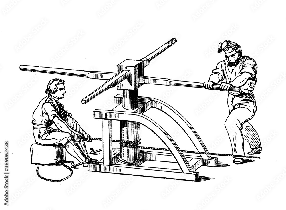 Vintage illustration of two sailor managing a capstan, vertical-axled ...