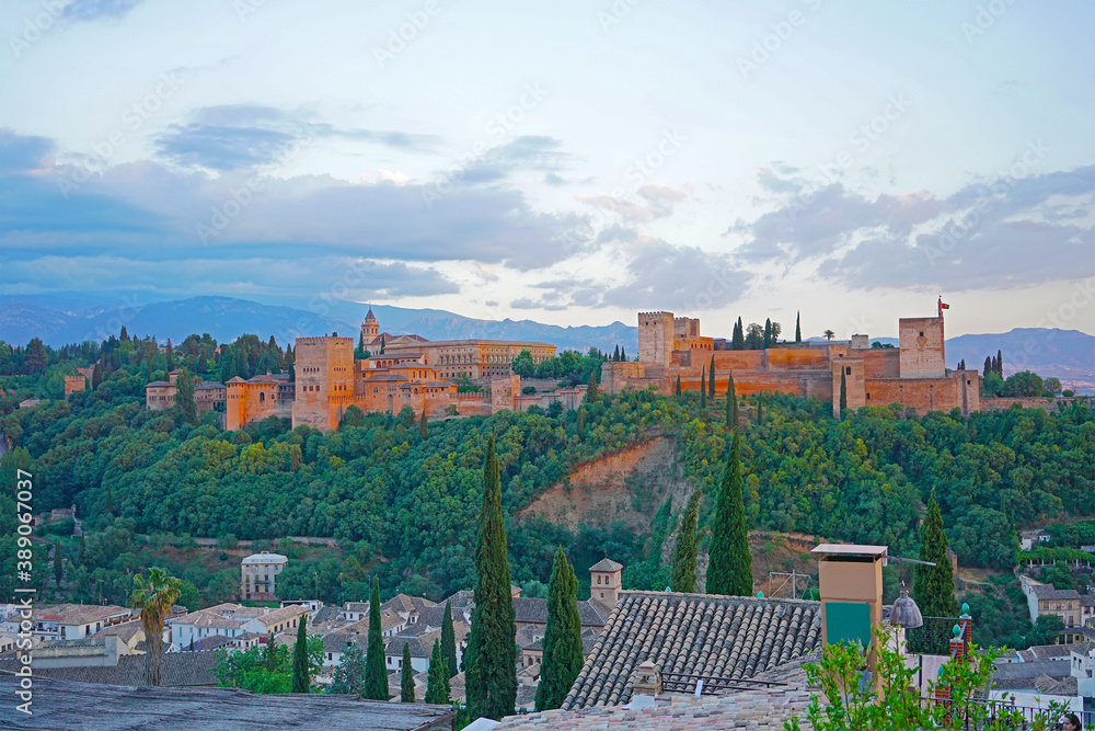 The Alhambra palace and fortress at dawn, Granada, Spain. City ...