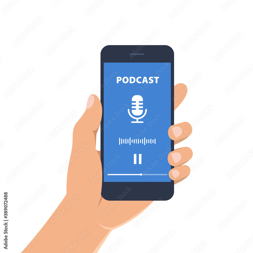 Male hand holding black smartphone with podcast player. Man hand with ...