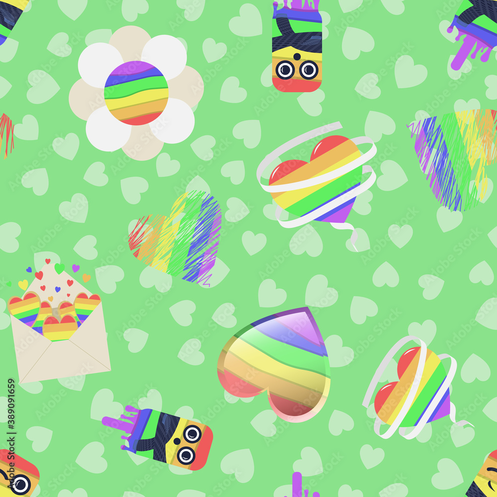 LGBT seamless rainbow pattern on a green background. Bright colorful ...