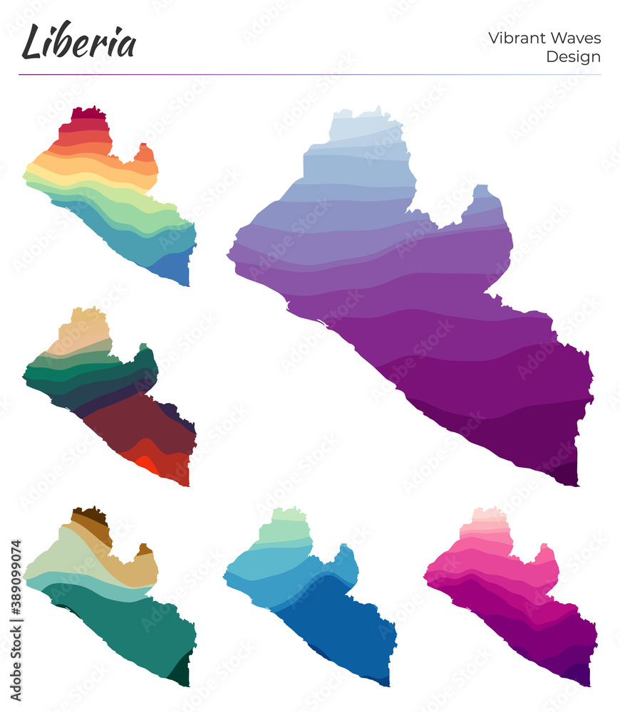 Set of vector maps of Liberia. Vibrant waves design. Bright map of ...
