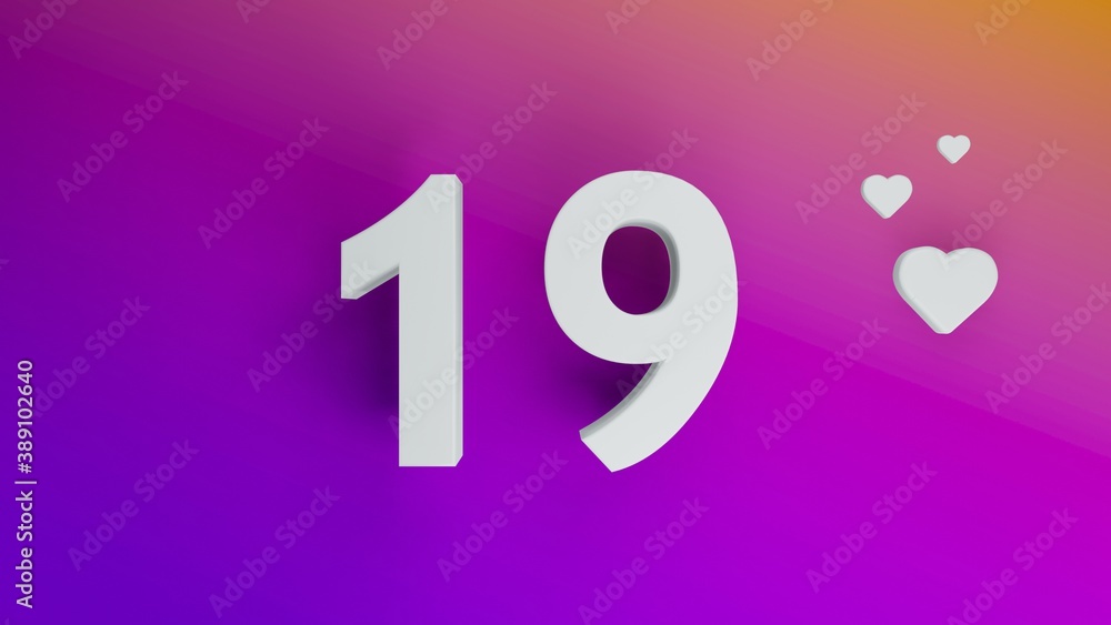Number 19 in white on purple and orange gradient background, social ...