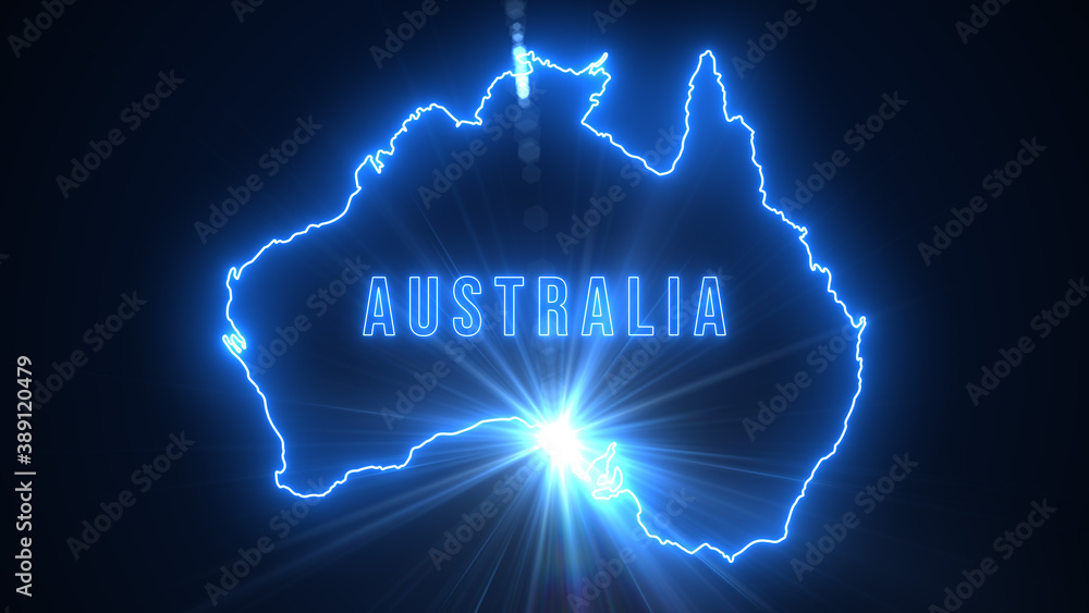 Blue Bright Light Mainland Australia Map And Lettering Neon Sign With ...