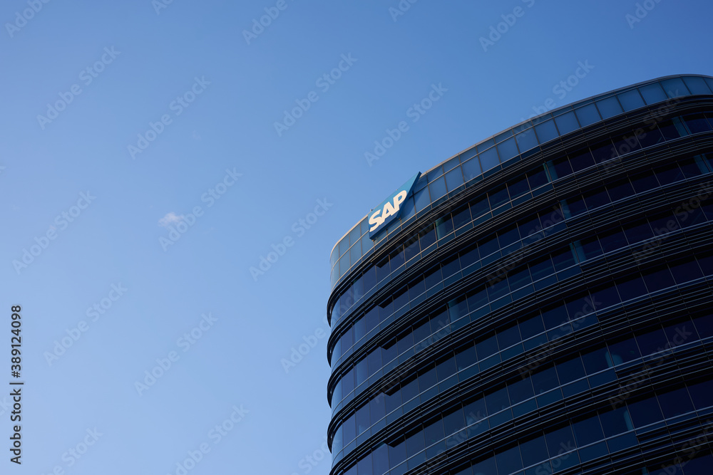 South San Francisco, CA, USA - Mar 1, 2020: The SAP sign is seen at SAP ...