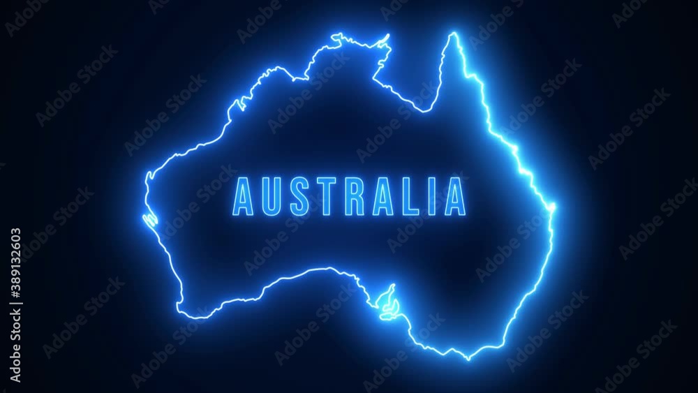 Blue Bright Light Mainland Australia Map And Lettering Neon Sign With ...