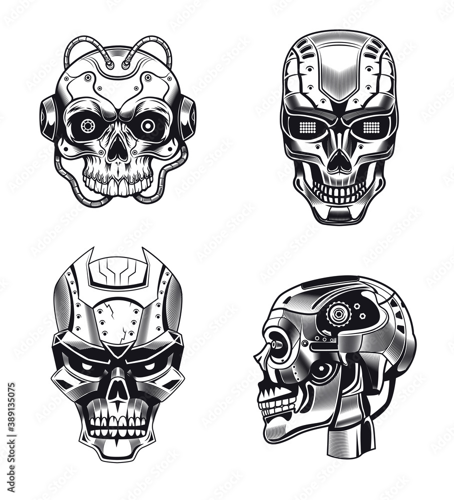 Robot skulls vector illustrations set. Collection of monochrome ...