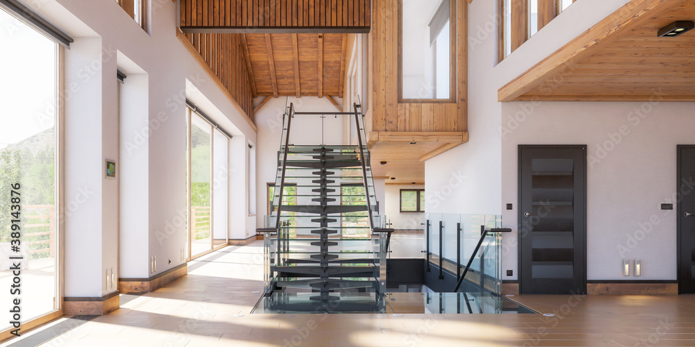 Contemporary Architecture of an Empty Interior with Stairs - panoramic ...
