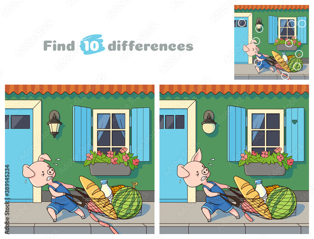 Little pig carries a heavy shopping bag. Find 10 differences ...