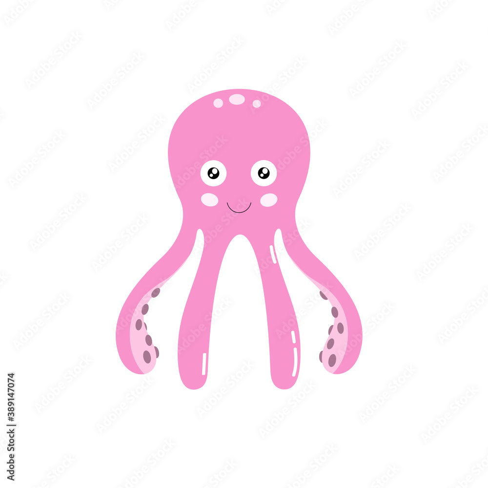 Cheerful pink octopus isolated on a white background. Vector flat ...