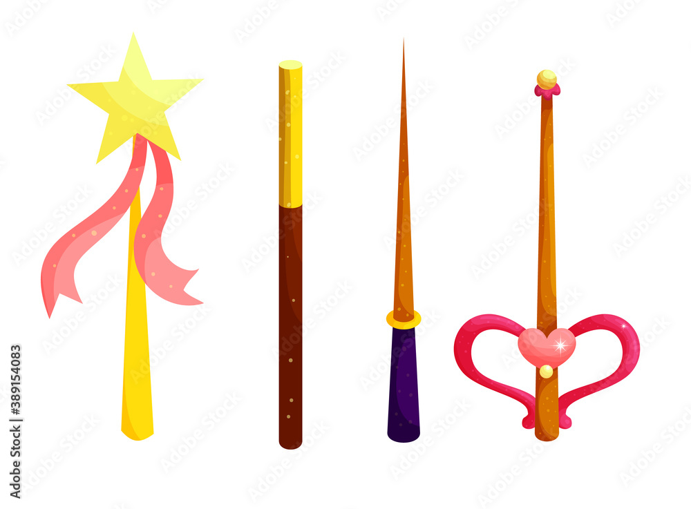 Magic wands cartoon flat vector illustrations set. Fantasy stick with ...