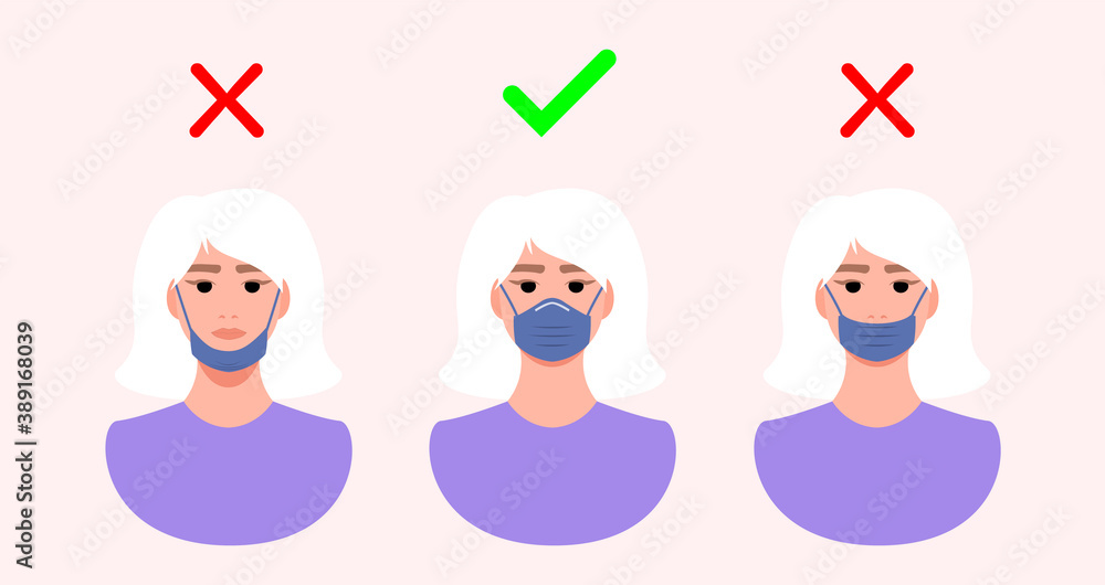 Wrong and correct way to wear a medical mask. Woman shows how to wear a ...