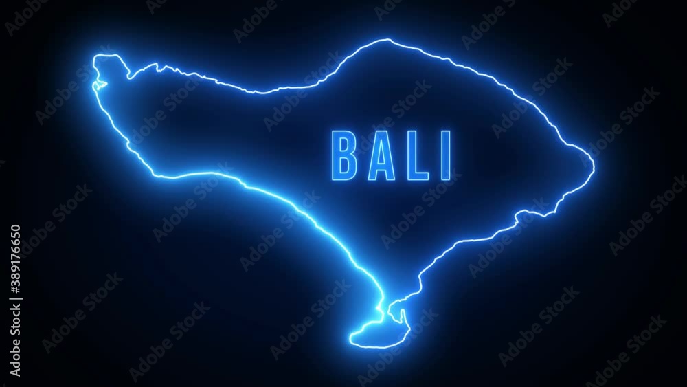 Blue Bright Light Mainland Bali Island Map And Lettering Neon Sign With ...