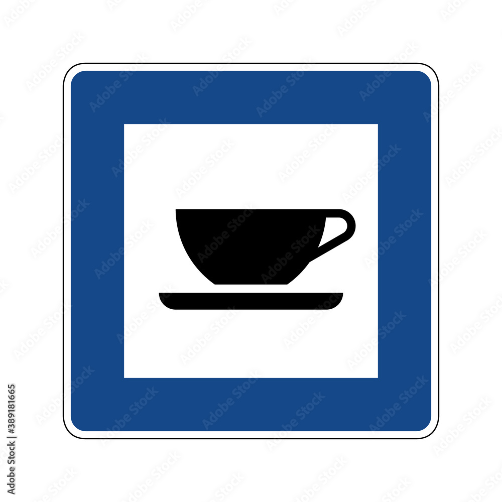 Motorway refreshments road sign. Vector illustration of blue square ...