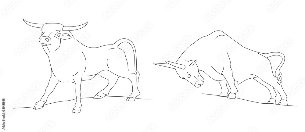 Linear illustration in one thin line of bull or ox in different posture ...