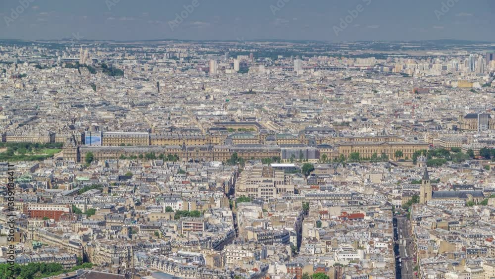 Top view of Paris skyline from above timelapse. Main landmarks of ...