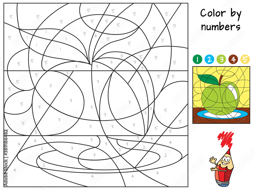 Apple on a plate. Color by numbers. Coloring book. Educational puzzle ...