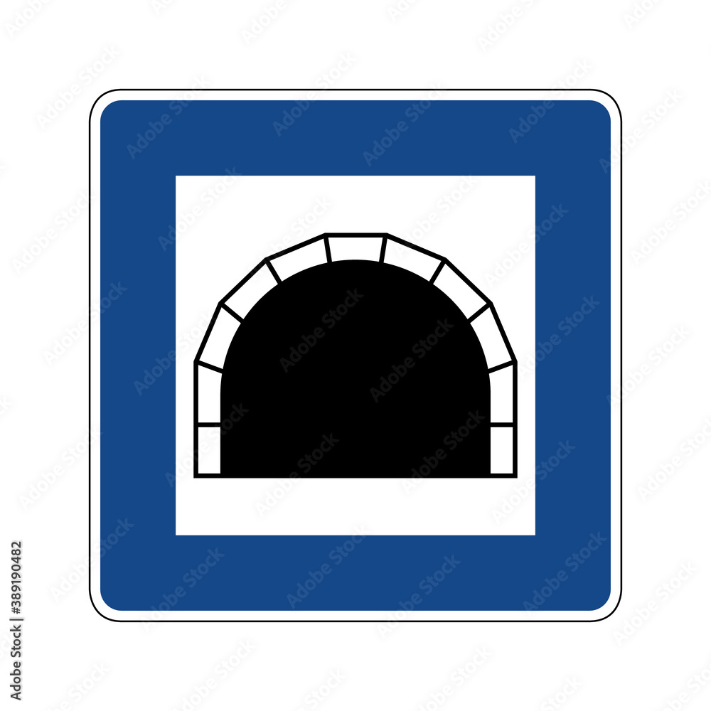 Tunnel ahead road sign. Vector illustration of blue square traffic sign ...