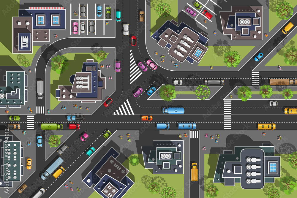 Vector illustration. City top view. Streets, houses, buildings, roads ...
