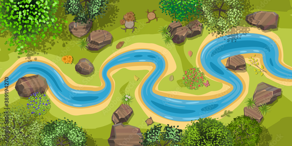 Vector illustration. Landscape with a winding river. (Top view) River ...