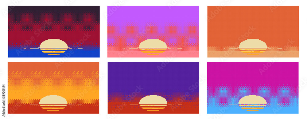 Awesome set of sunsets backgrounds. Pixel art style. Vector ...