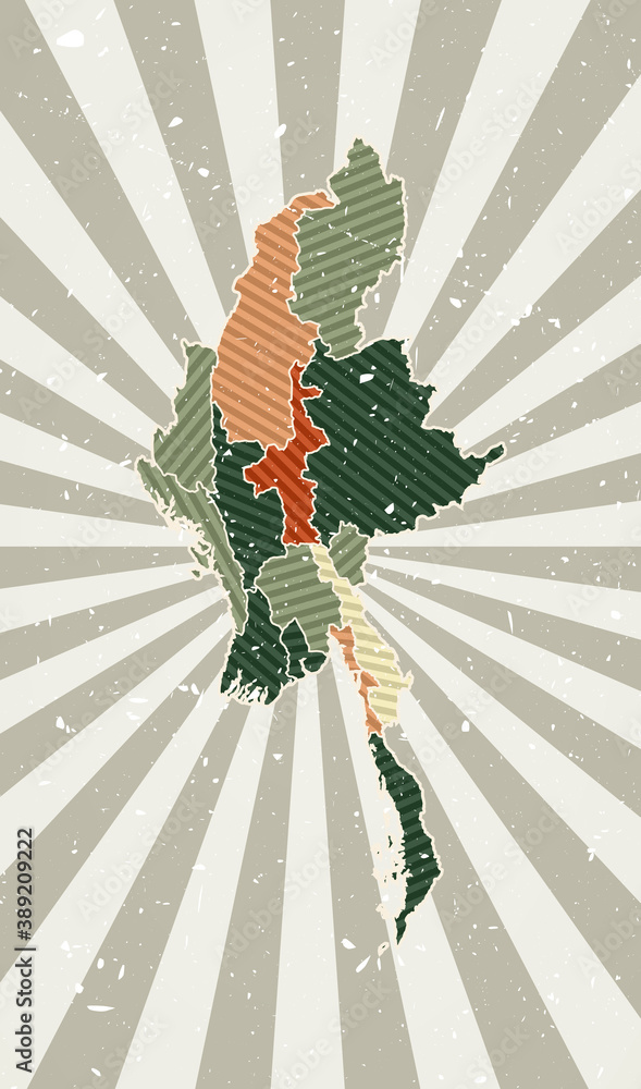 Myanmar vintage map. Grunge poster with map of the country in retro ...