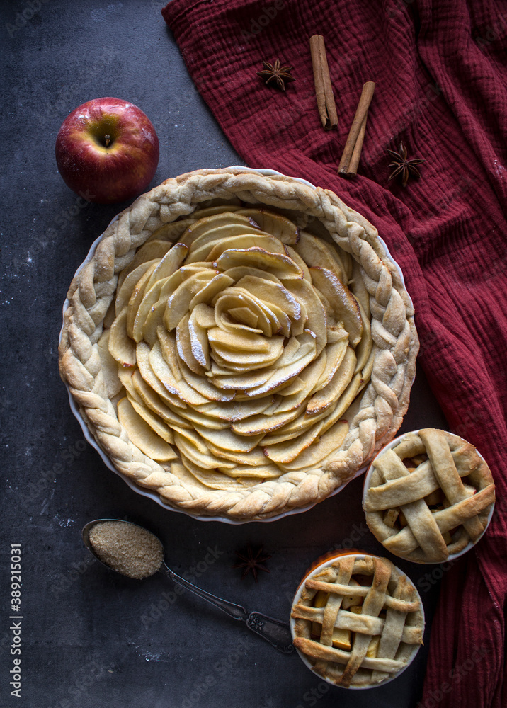 Lattice apple pie top view photo. Still life with different pastries ...