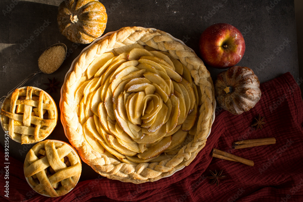 Lattice apple pie top view photo. Still life with different pastries ...