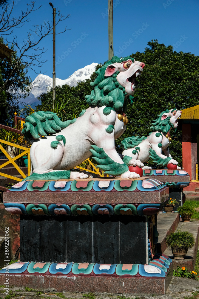 Pelling, India - October 2020: Statues of two lions in the Pemayangtse ...