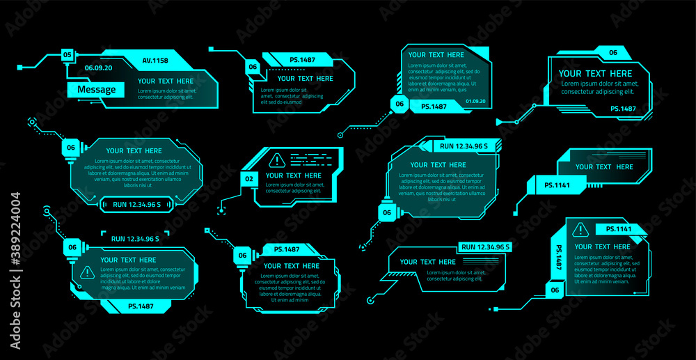 HUD text banners. Futuristic computer video game interface elements ...