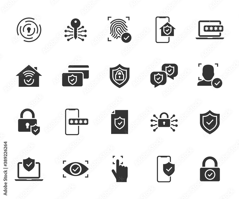 Vector set of security flat icons. Contains icons digital lock, cyber ...