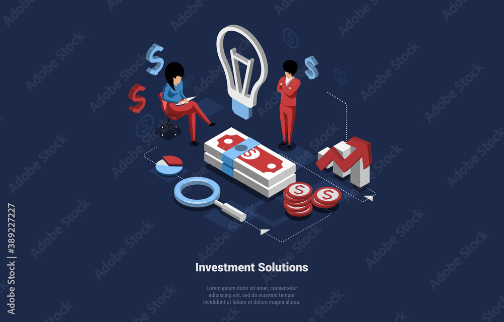 Cartoon Composition Of Two People Calculating Investment Solutions ...