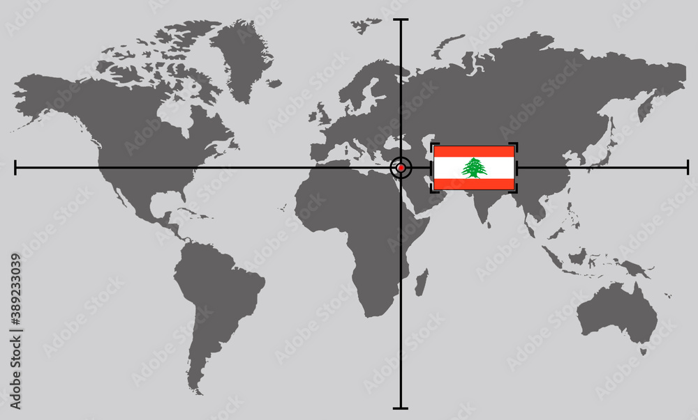 World map with coordinate point positioned by crossed lines on country ...