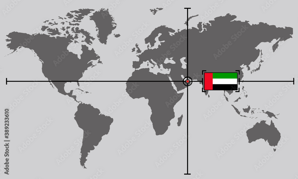 World map with coordinate point positioned by crossed lines on country ...