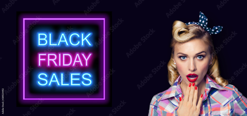 Excited surprised pinup woman. Pin up girl with open mouth. Blond model ...