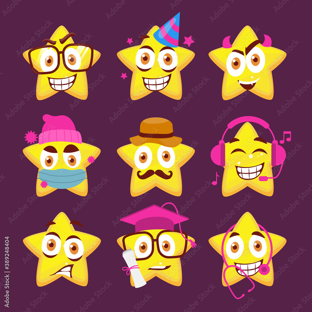 Cute golden star set with different expression. Kawaii stars set, face ...