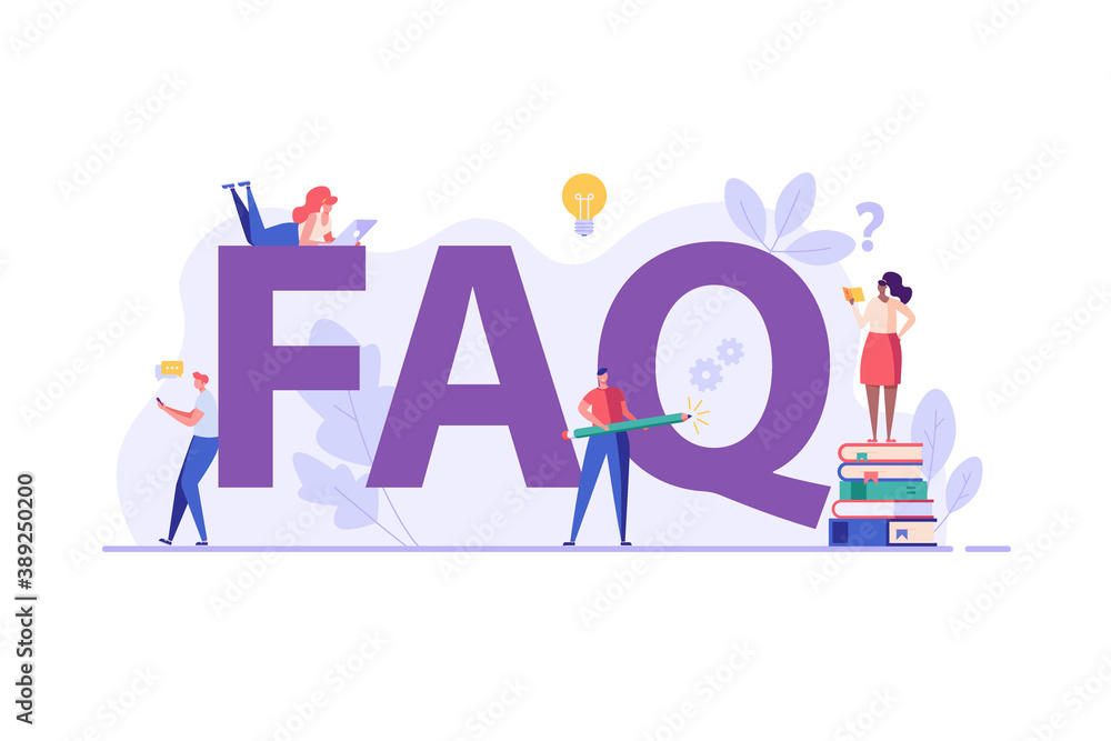 People with big FAQ sign. Customers asking frequently asked questions ...