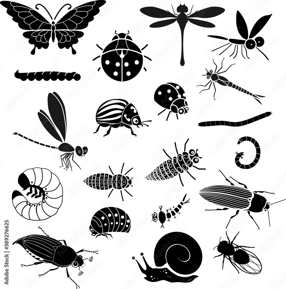 Set of black silhouettes of cartoon insects isolated on white ...