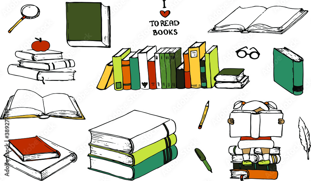Books hand drawn vector illustrations set collection. Blank textbooks ...