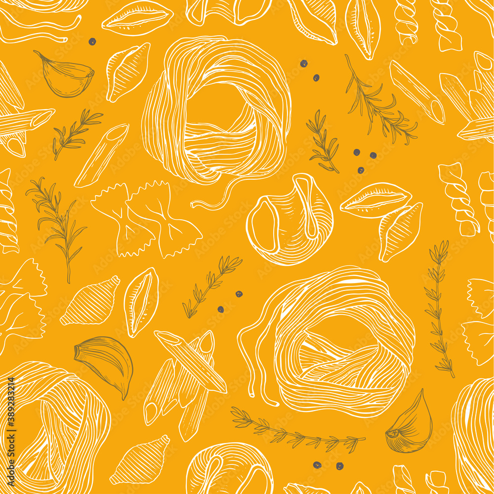 Hand drawn pasta seamless vector pattern. Spaghetti and other kinds of ...