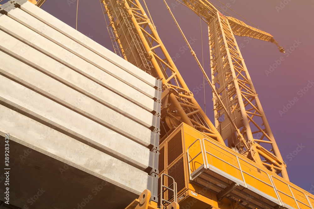 Crane boom and counterweight. Huge crawler crane bottom up view Stock ...